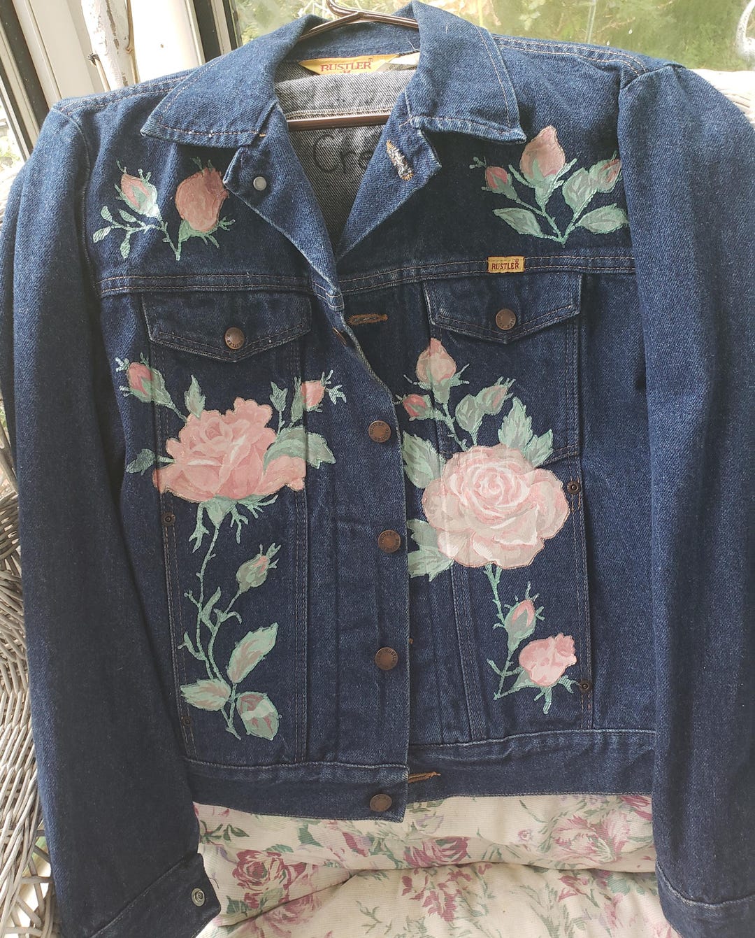 Denim Jacket With Pink Rose Appliques: Prairie Chic Style - Etsy