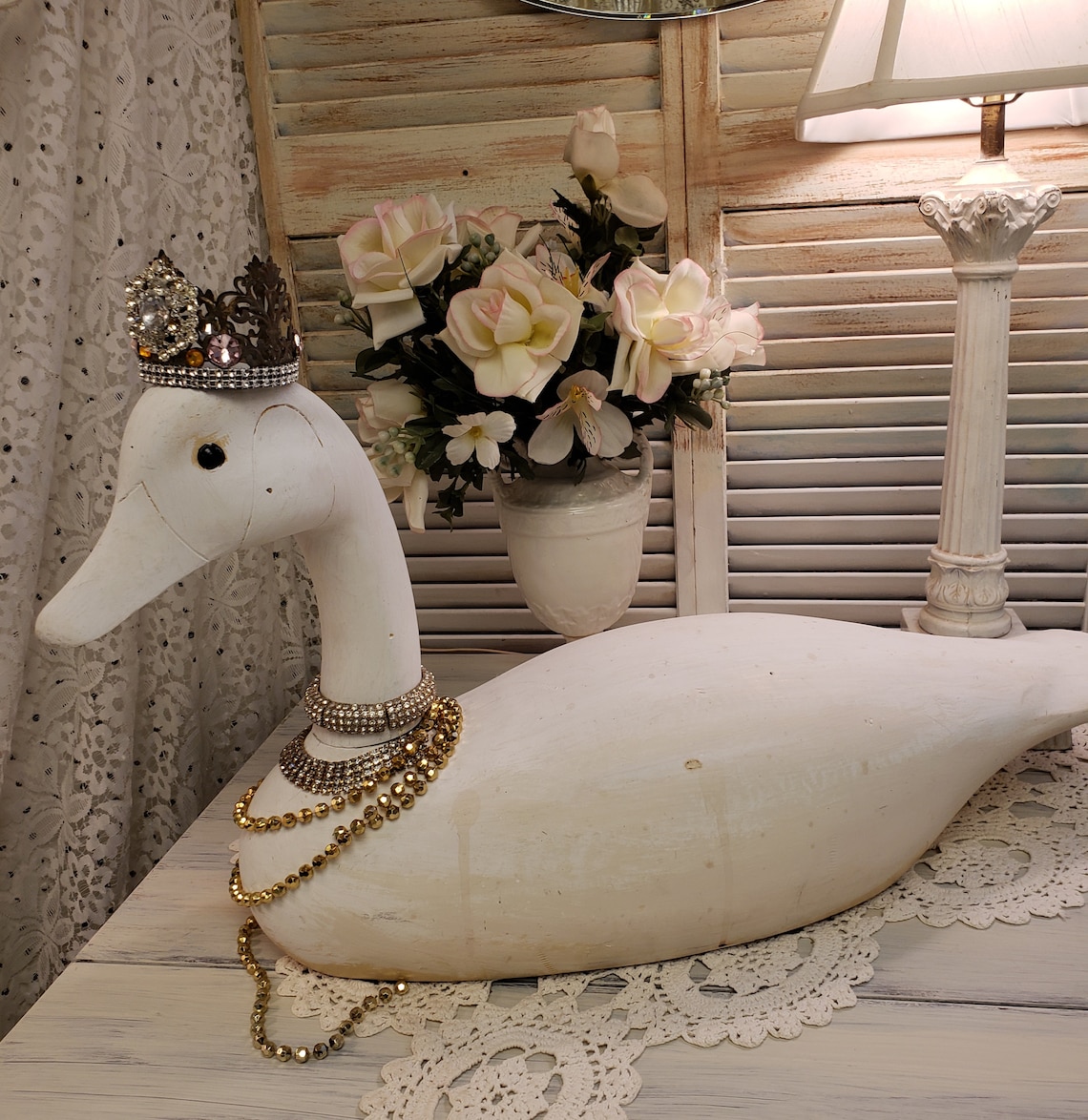 Vintage Goose Statue Hand Painted Embellished Rhinestones Beads Crown ...