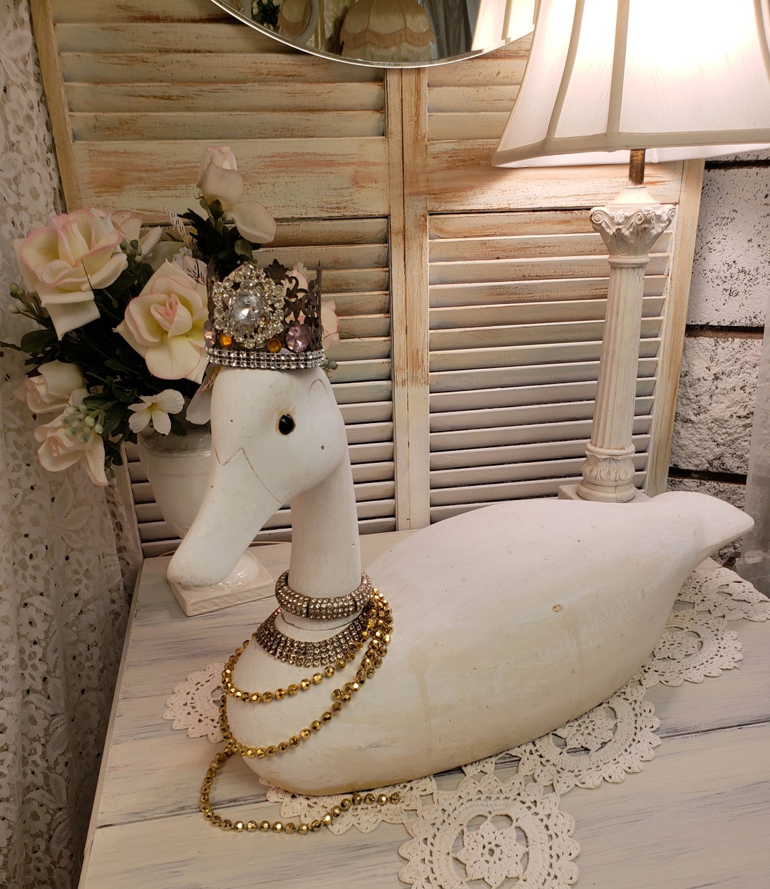 Vintage Goose Statue Hand Painted Embellished Rhinestones Beads Crown ...