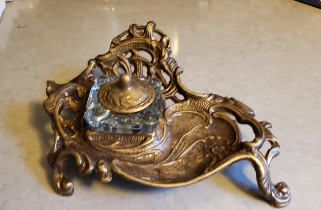 Vintage Ornate Brass Inkwell Glass Insert FREE Shipping - Etsy