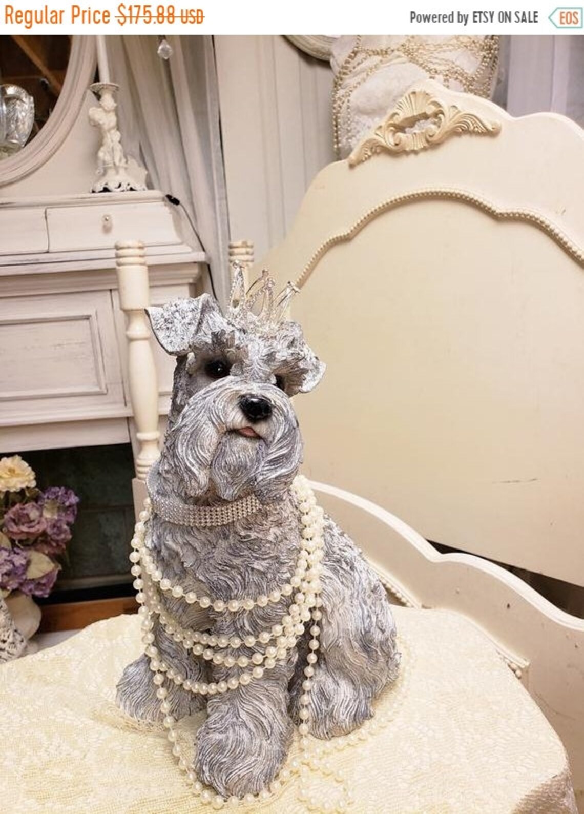 Schnauzer Statue Painted Grey Cream Embellished Pearls Rhinestone ...