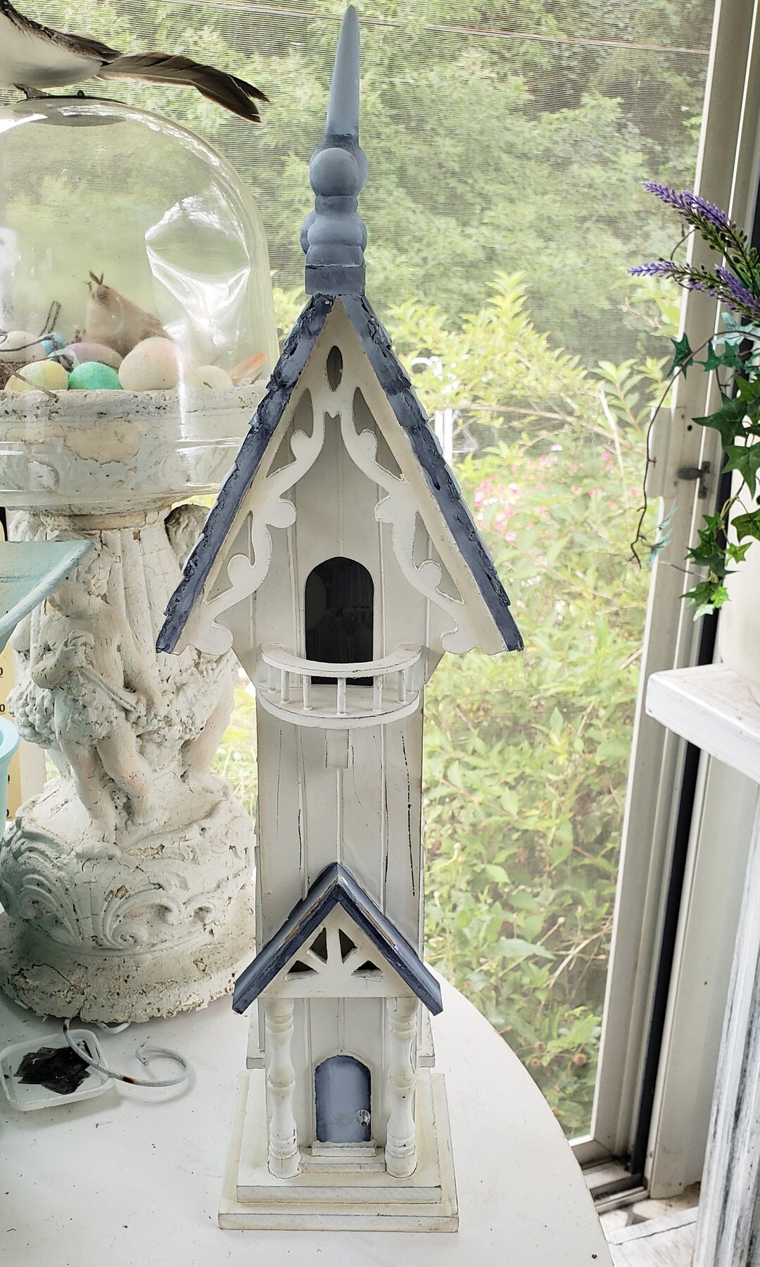 Victorian Birdhouse Church Wood Painted White Blue Decorative French ...