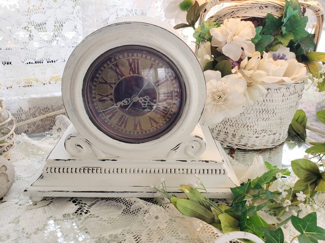 Mantel Clock Chalkpainted French Country Wood Ornate Cottage Core ...