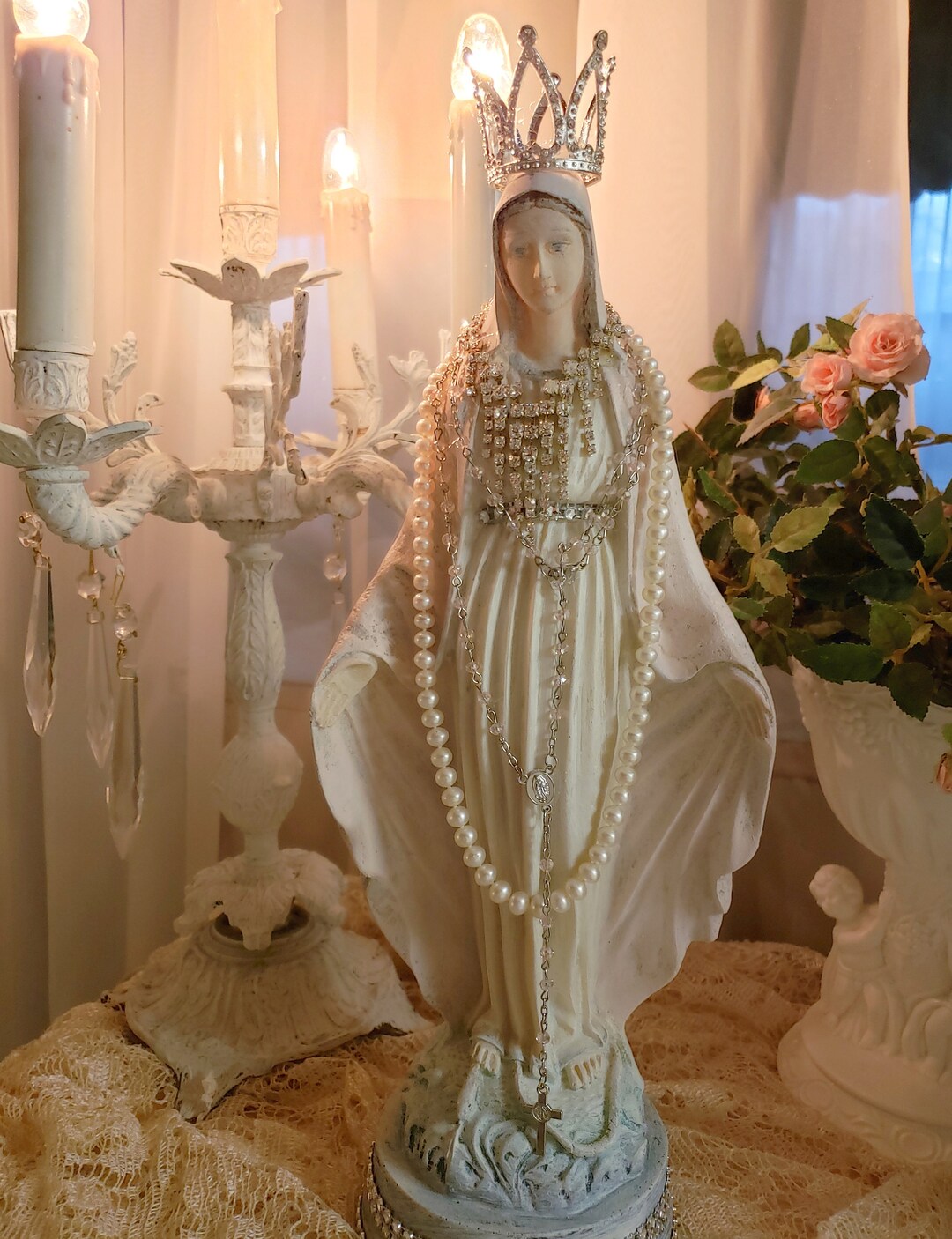 Virgin Mary Statue Embellished Pink Robe Rhinestones Rosary, Pearls ...