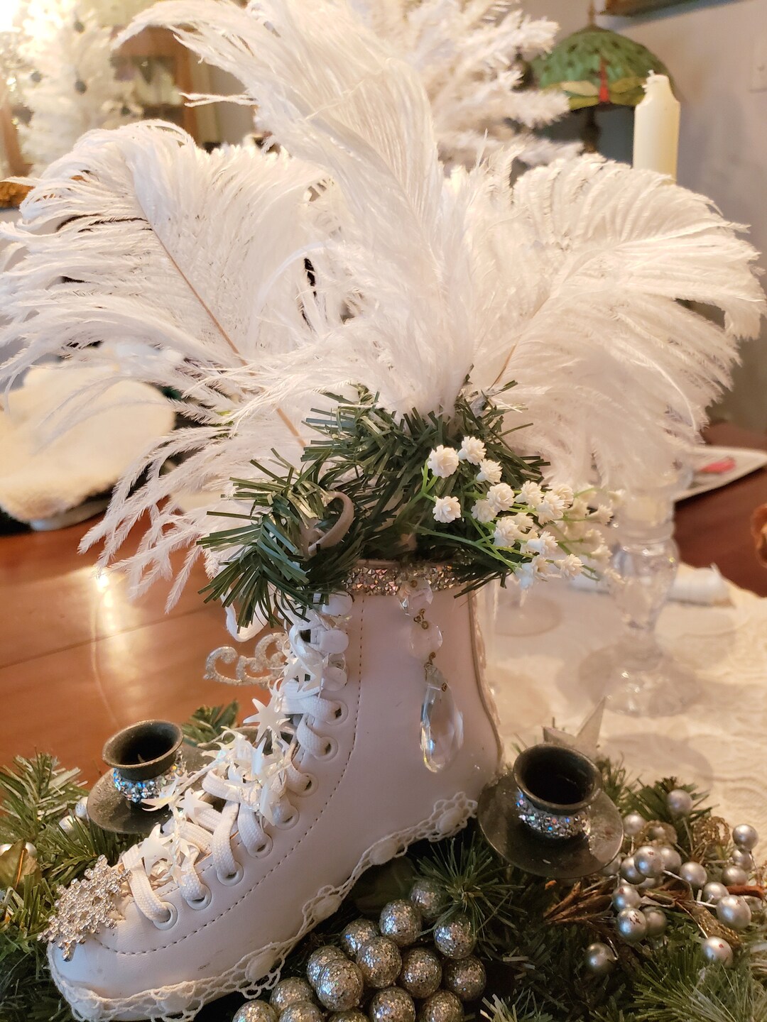 Christmas Tabletop Decor Skate Feathers and Lace Romantic Old Tyme ...
