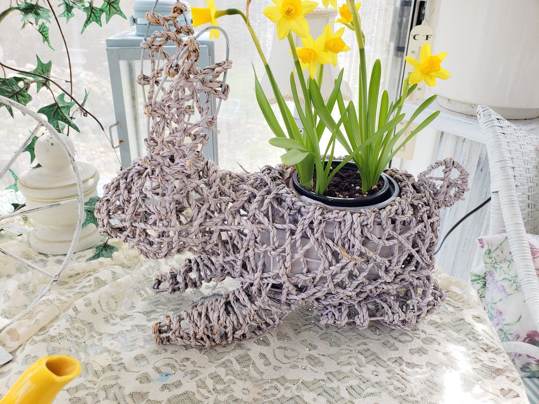 Wicker Rabbit Planter: Pink Farmhouse Cottage Chic Decor - Etsy