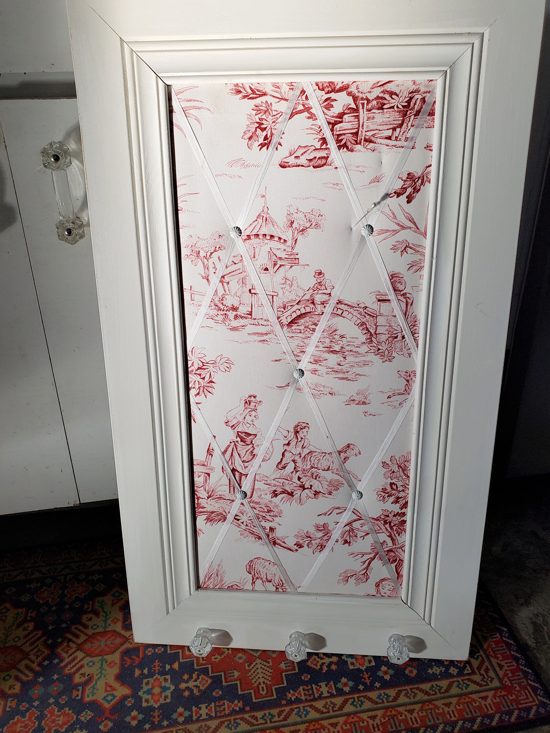 Red Toile Memo Board Jewelry Board Padded Ribboned Crystal Knobs Shabby ...