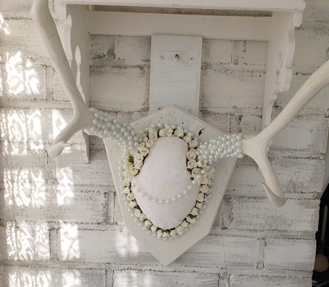 Mounted Deer Antlers Roses Pearls Painted White Shabby Chic Wall Decor ...