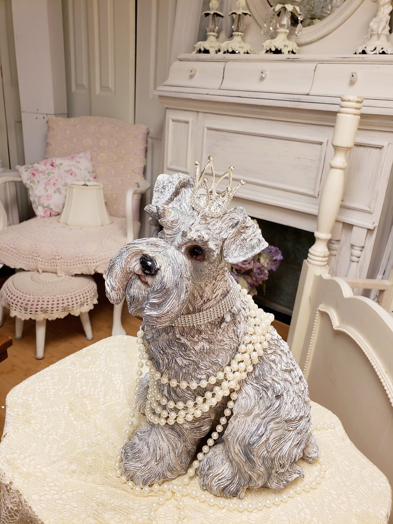 Schnauzer Statue Painted Grey Cream Embellished Pearls Rhinestone ...