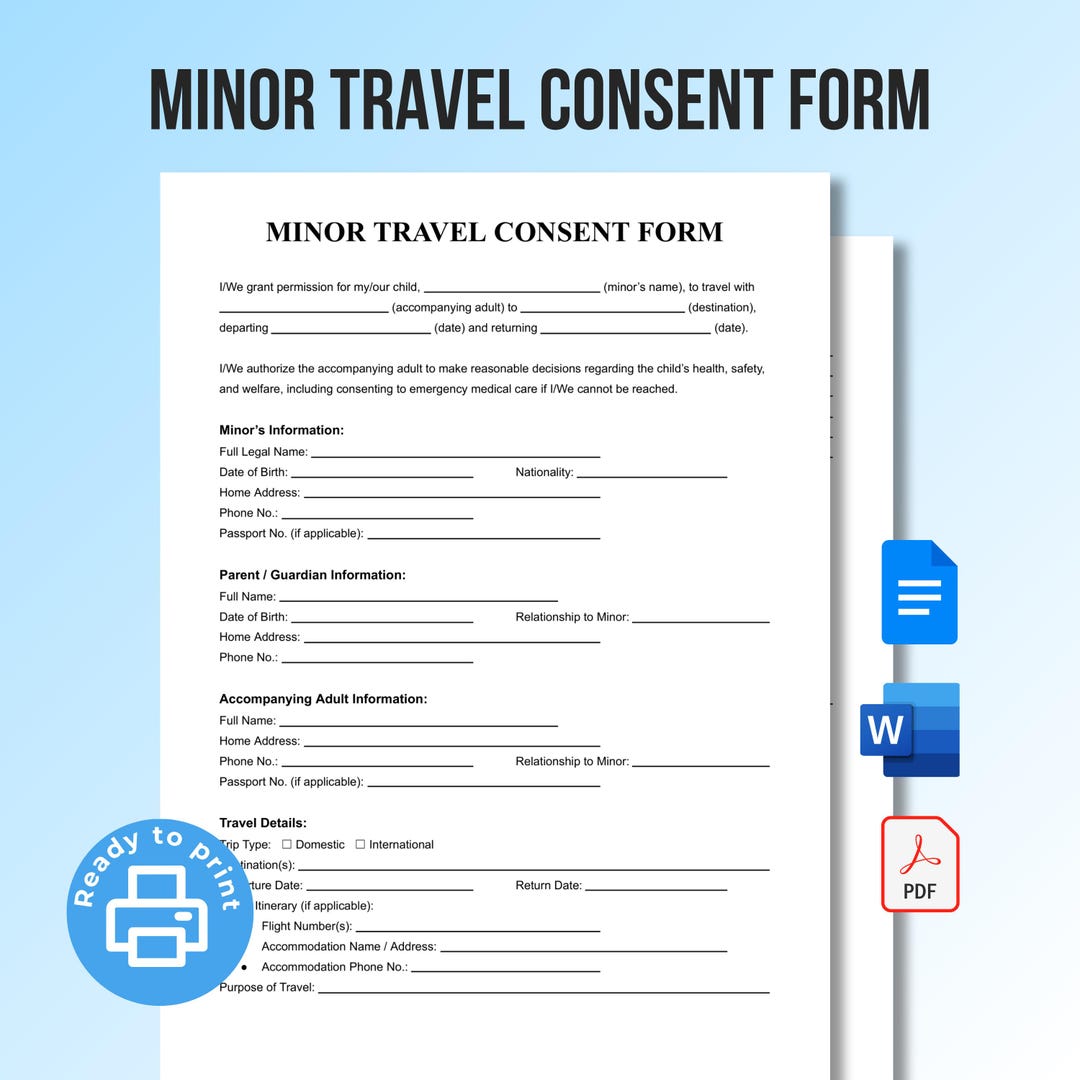 Minor Travel Consent Form | Editable Child Travel Permission ...