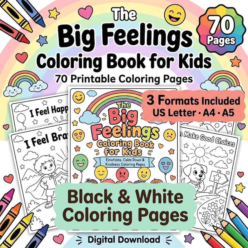 Kids Emotions Coloring Book, SEL Calm Down Kindness Activities (digital ...