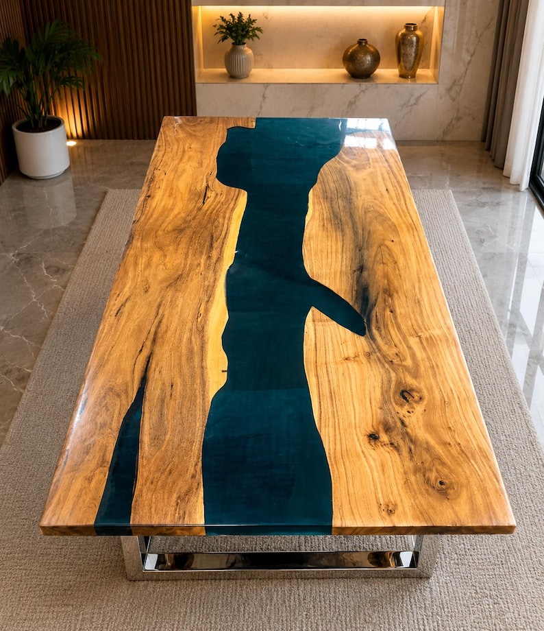 Blue Epoxy Resin Dining Table Handmade Acacia Wooden Live Edge Hallway ...