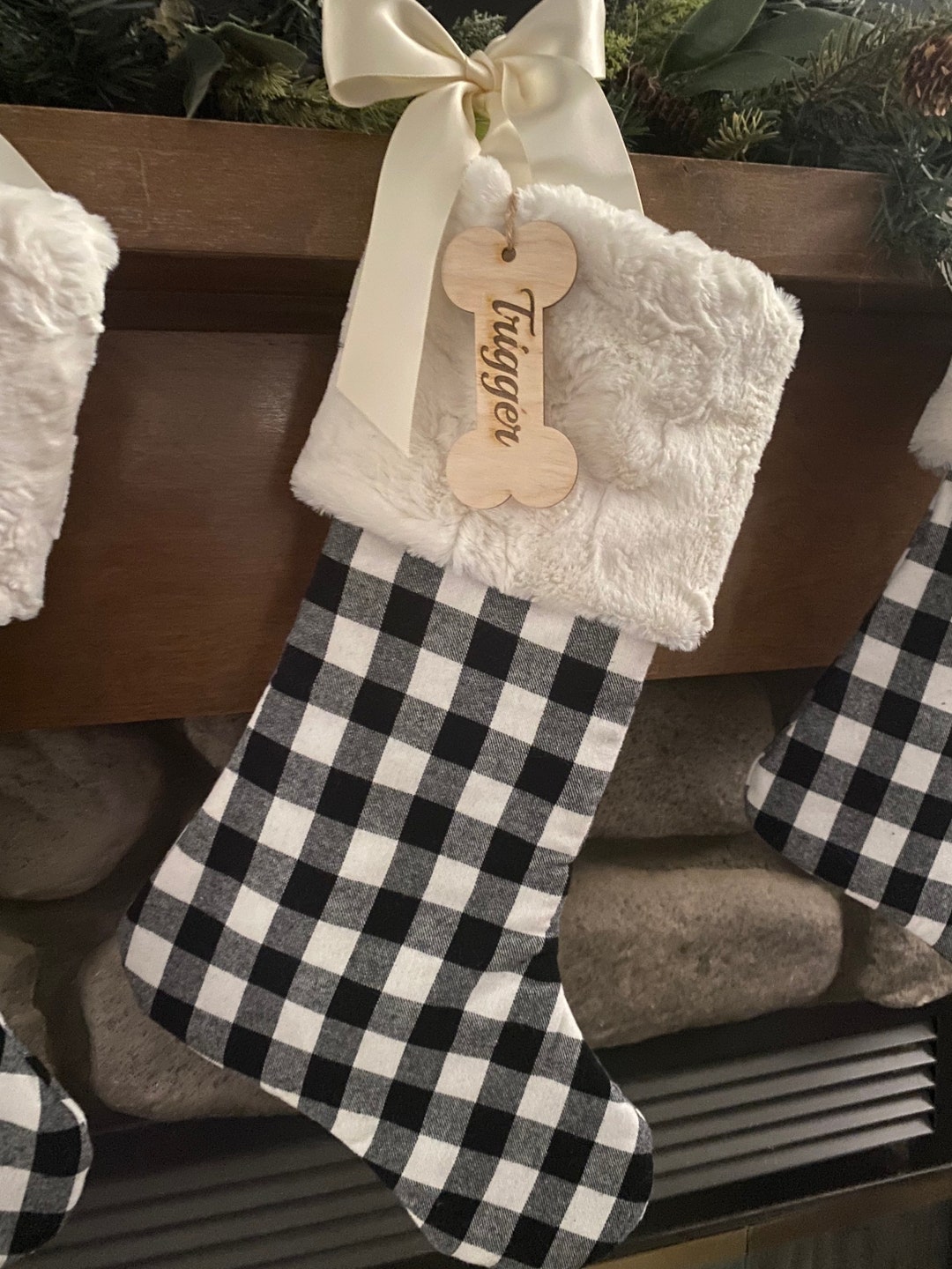 Buffalo Check Dog Stocking, Dog Christmas Stocking, Dog Bone Christmas ...