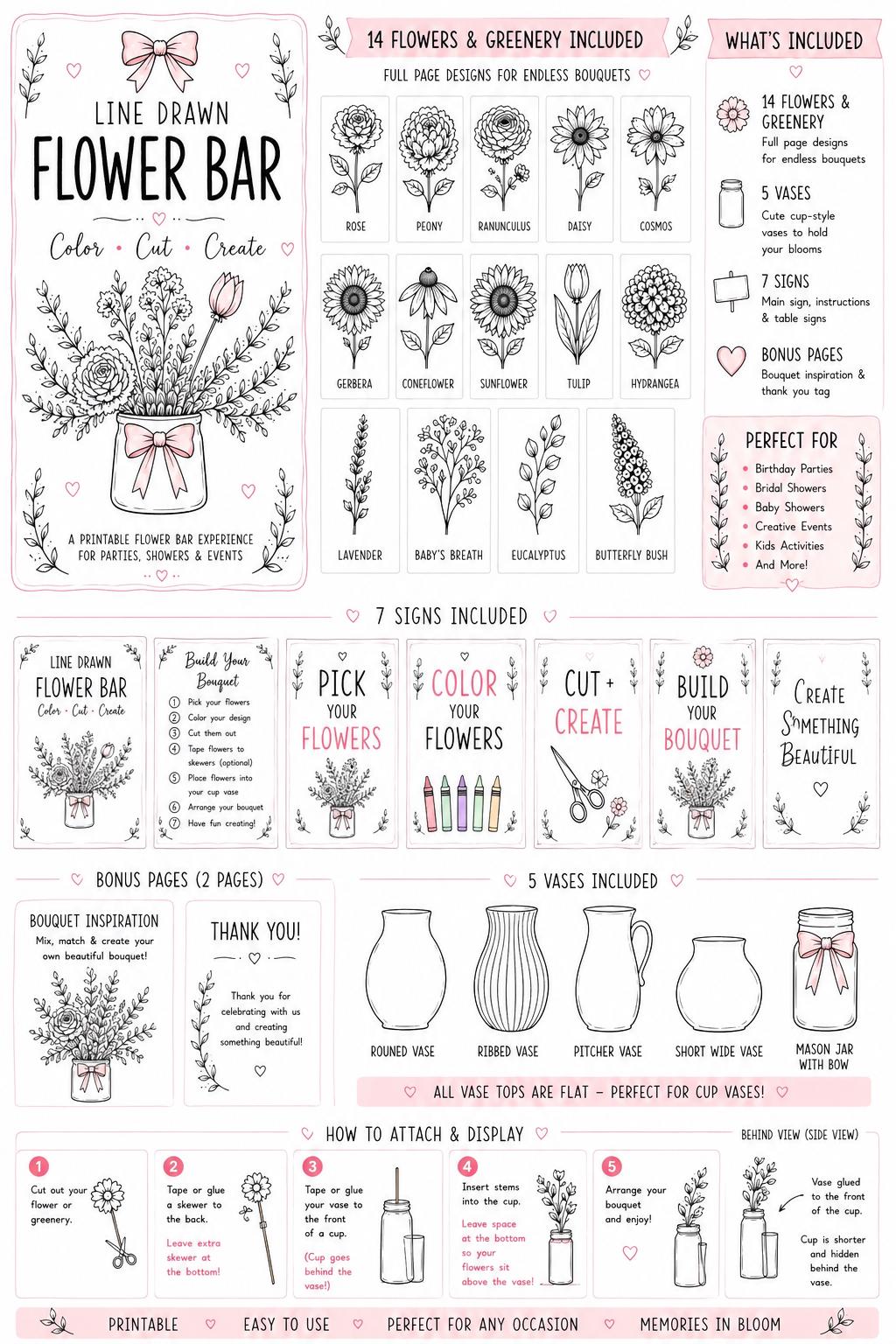Flower Bar Printable Kit | Pink Sign Set | DIY Bouquet Activity | 30 ...