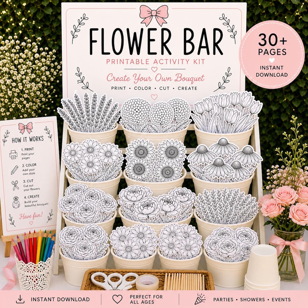 Flower Bar Printable Kit | Pink Sign Set | DIY Bouquet Activity | 30 ...