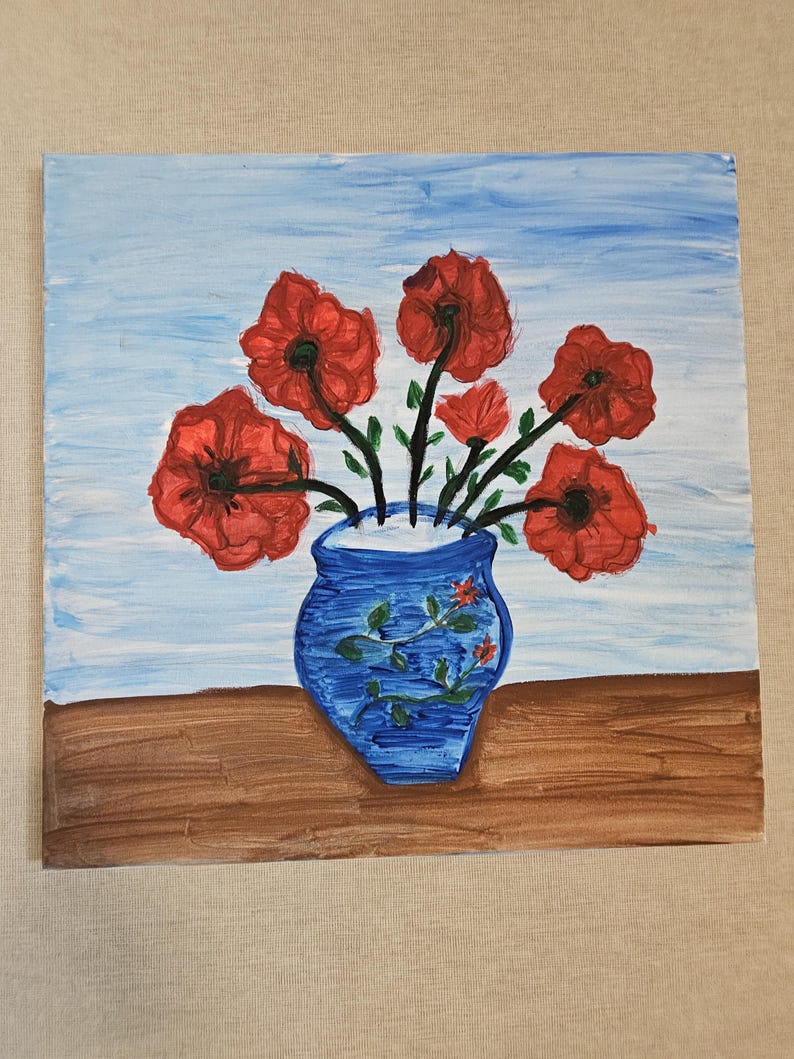 Poppy Flower Acrylic Canvas Paintings Set | Red Floral Blue Vase Home ...