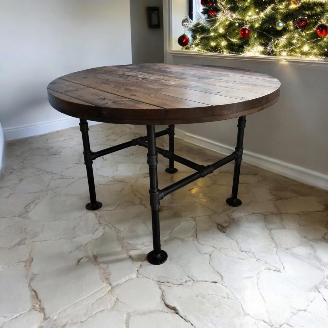 Reclaimed Distressed Round Dining Table Heavy Duty Iron Pipe Legs