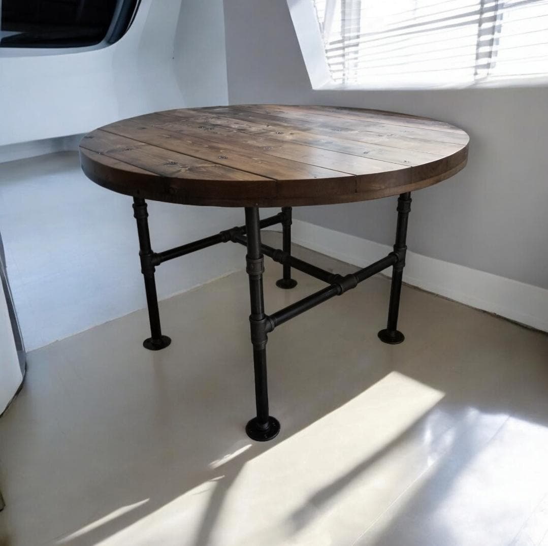 Reclaimed Distressed Round Dining Table Heavy Duty Iron Pipe Legs