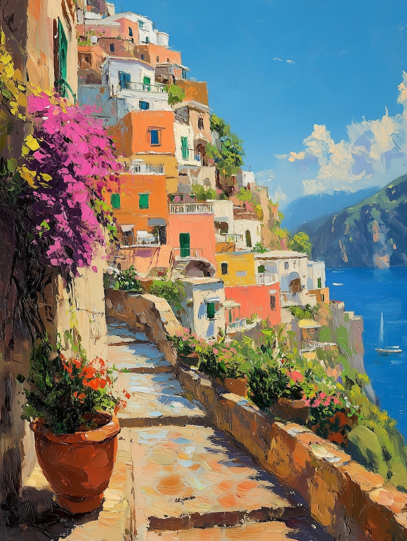 Positano Wall Art Framed Canvas | Italian Coastal Village Print ...