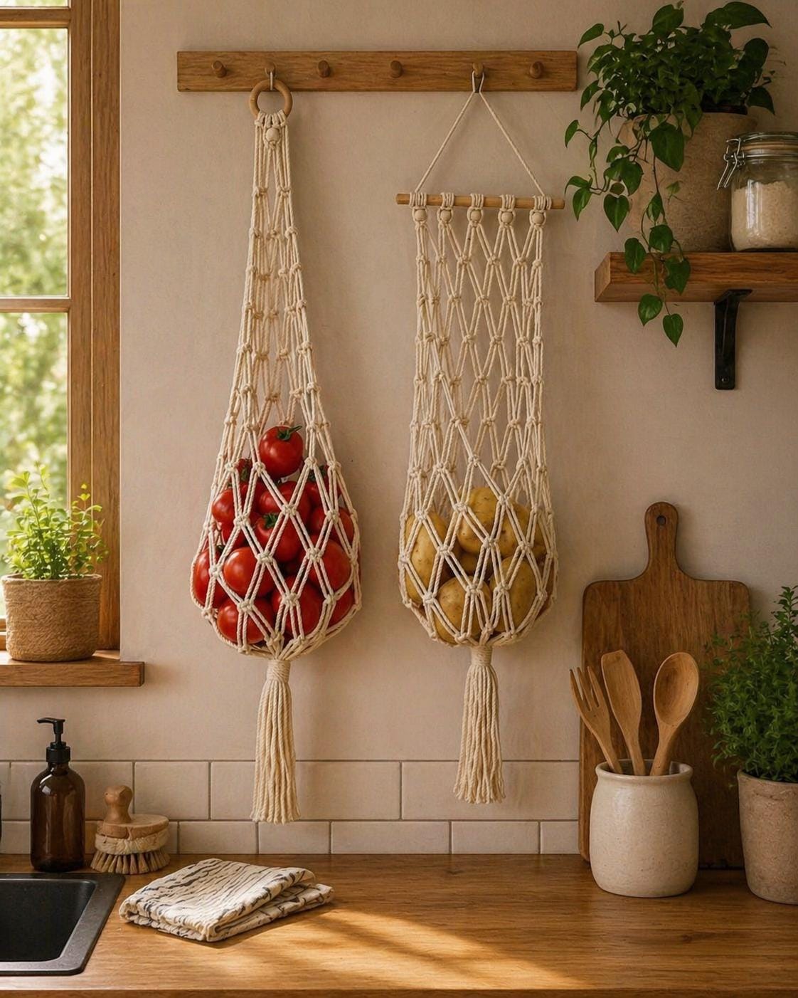 Macrame Fruit Hanging Basket Pattern | Boho Kitchen Storage Organizer ...