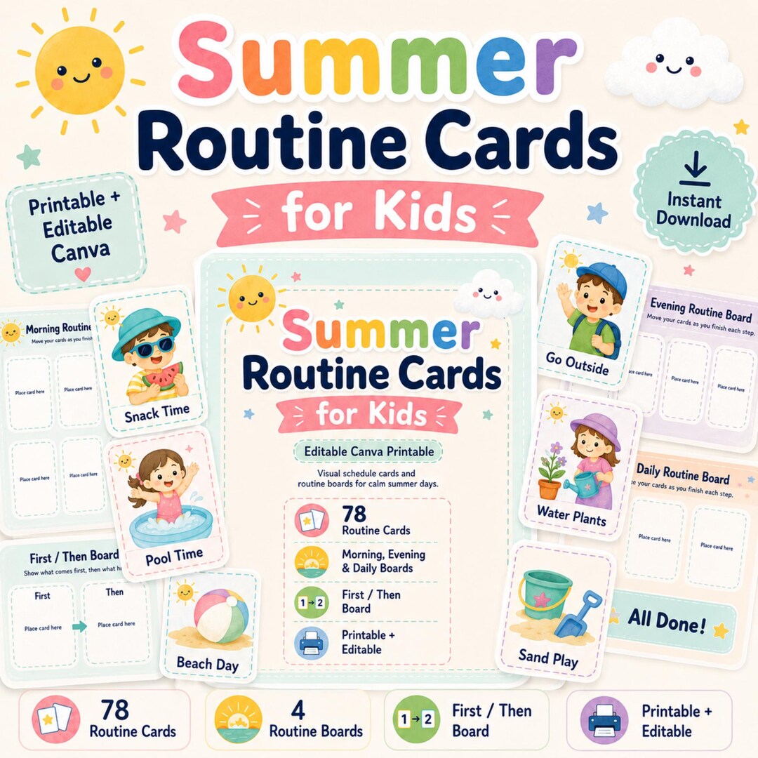 Summer Routine Cards for Kids | Visual Schedule Cards, Editable Canva ...