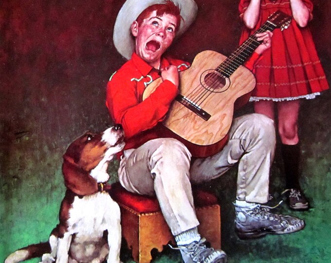 NORMAN ROCKWELL Cute Orig'l Kid COWBOY Music Man 1966 Top Value Stamps ...