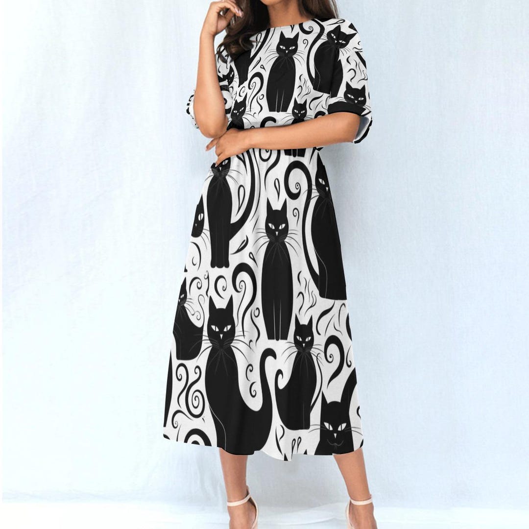 Black Cat Dress, Halloween Cat Dress, Kitty Print Dress, Elegant Party ...