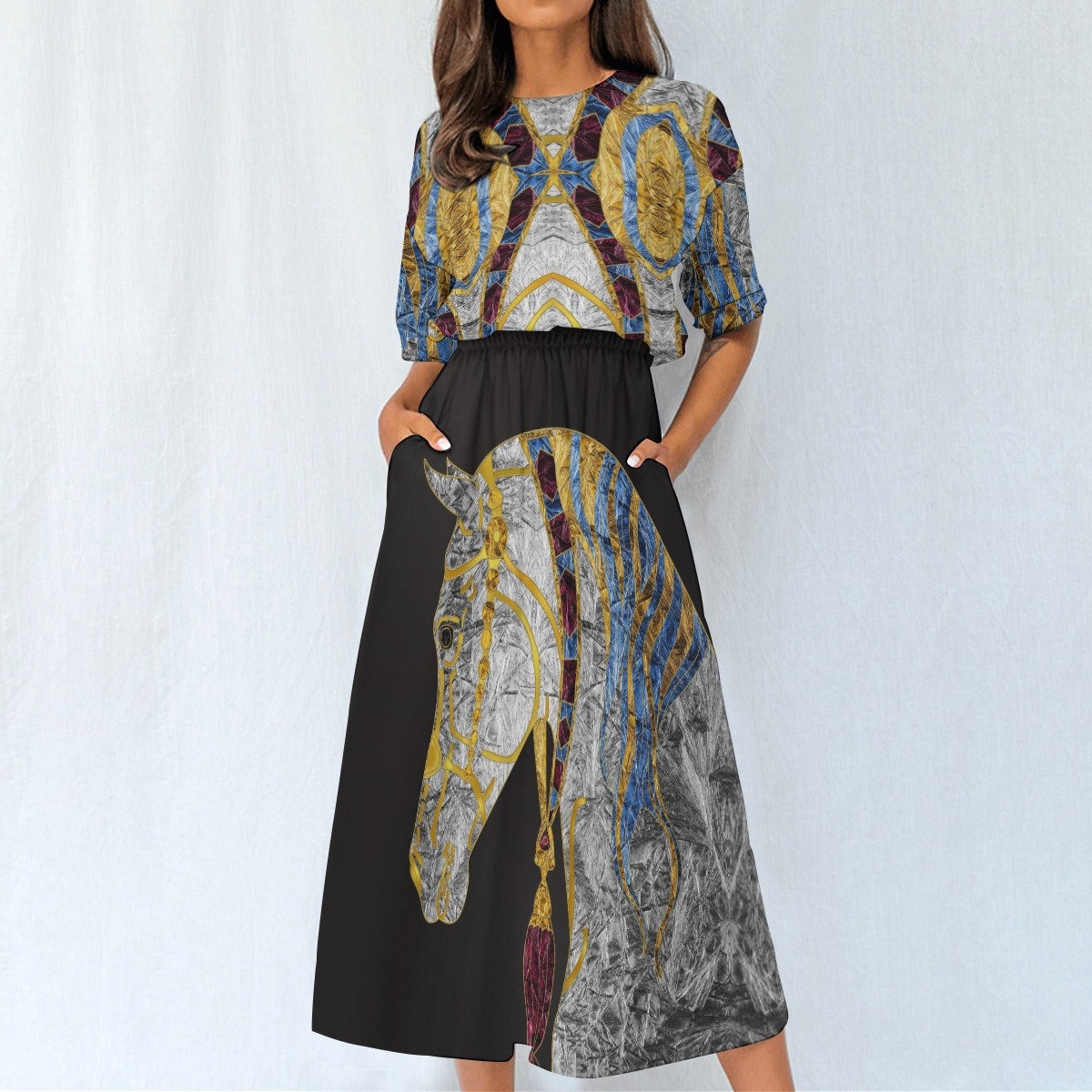 Horse Print Dress, Abstract Art Dress With Pockets, Elegant Party ...