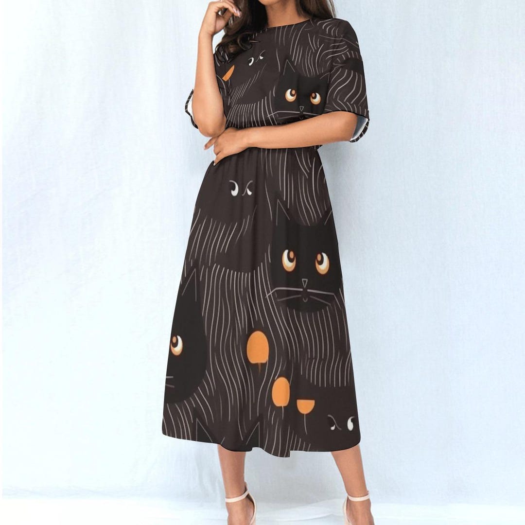 Black Cat Dress, Cat Lovers Kitty Print Dress, Halloween Spooky Cat ...