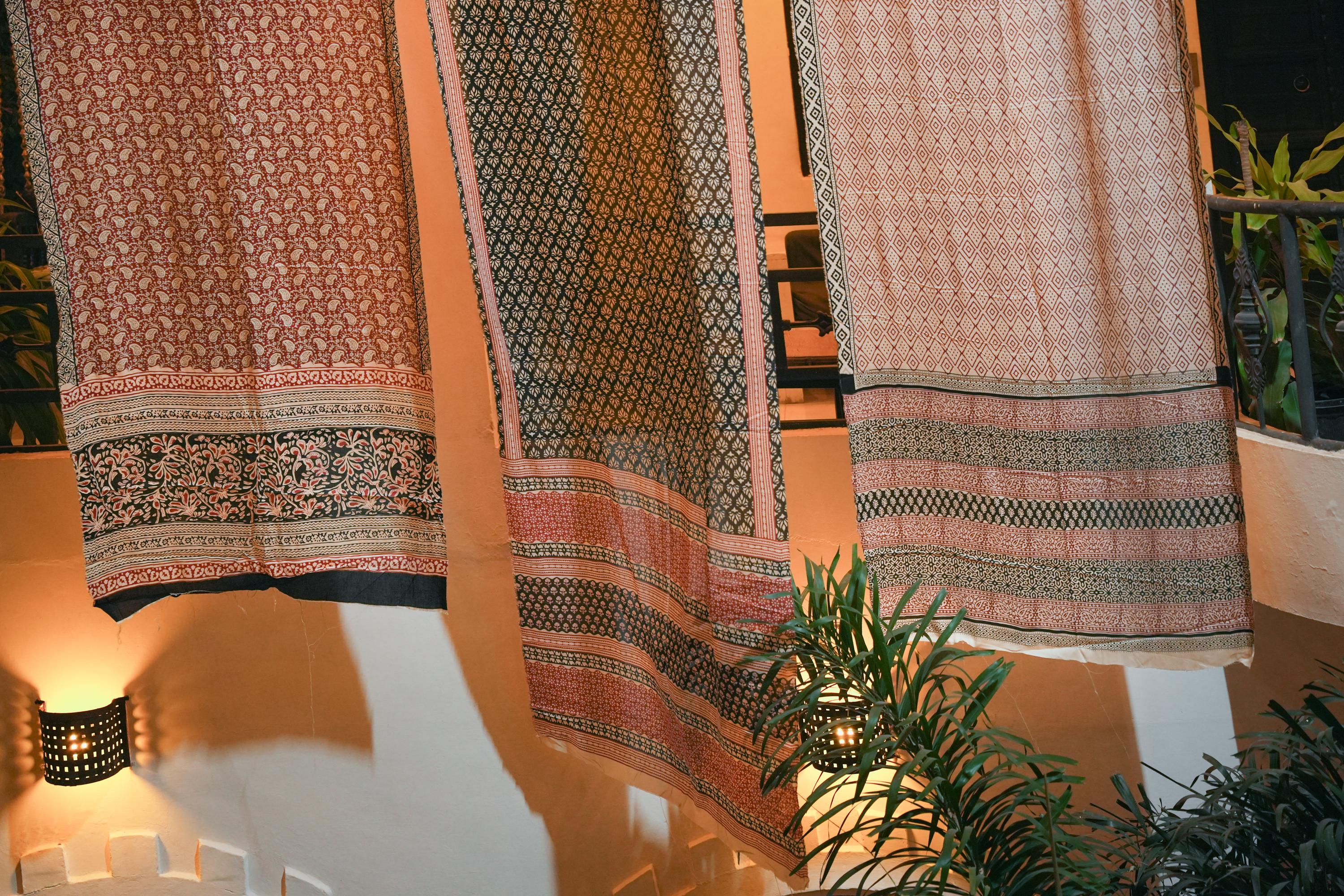 96" Block Print Rayon Curtains•boho Tab Top Drapes With Border • Light ...