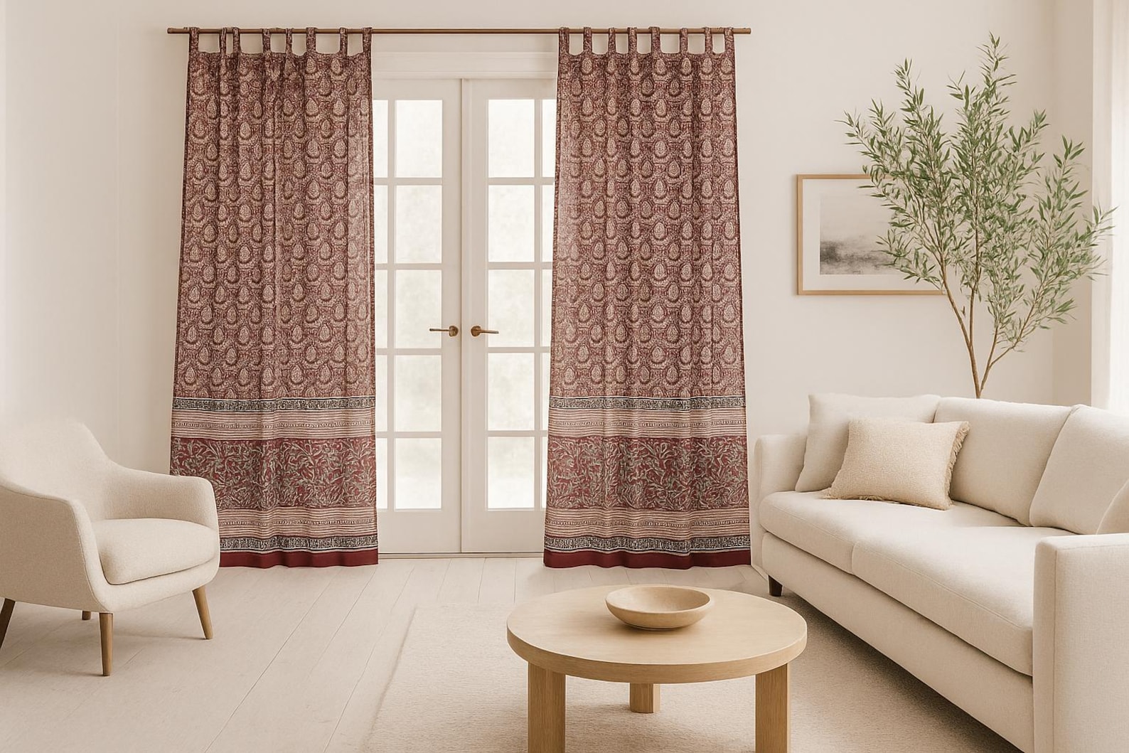 96" Block Print Rayon Curtains•boho Tab Top Drapes With Border • Light ...