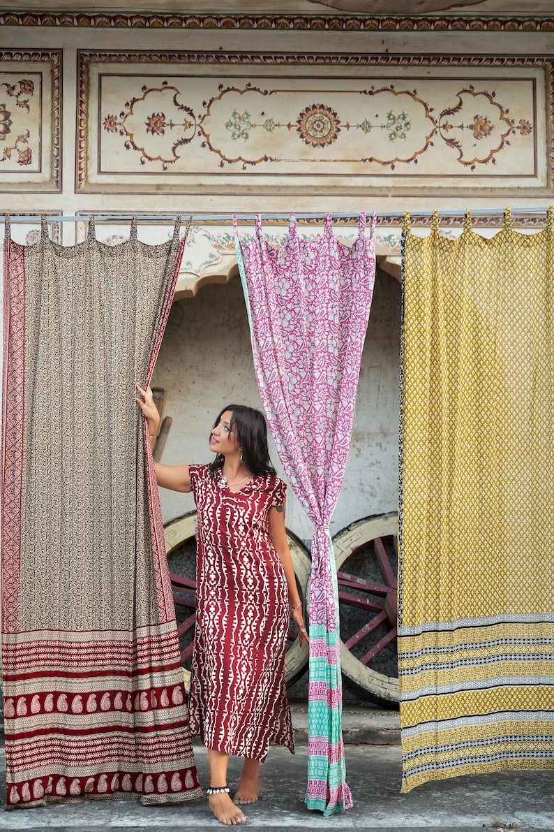 96" Block Print Rayon Curtains•boho Tab Top Drapes With Border • Light ...