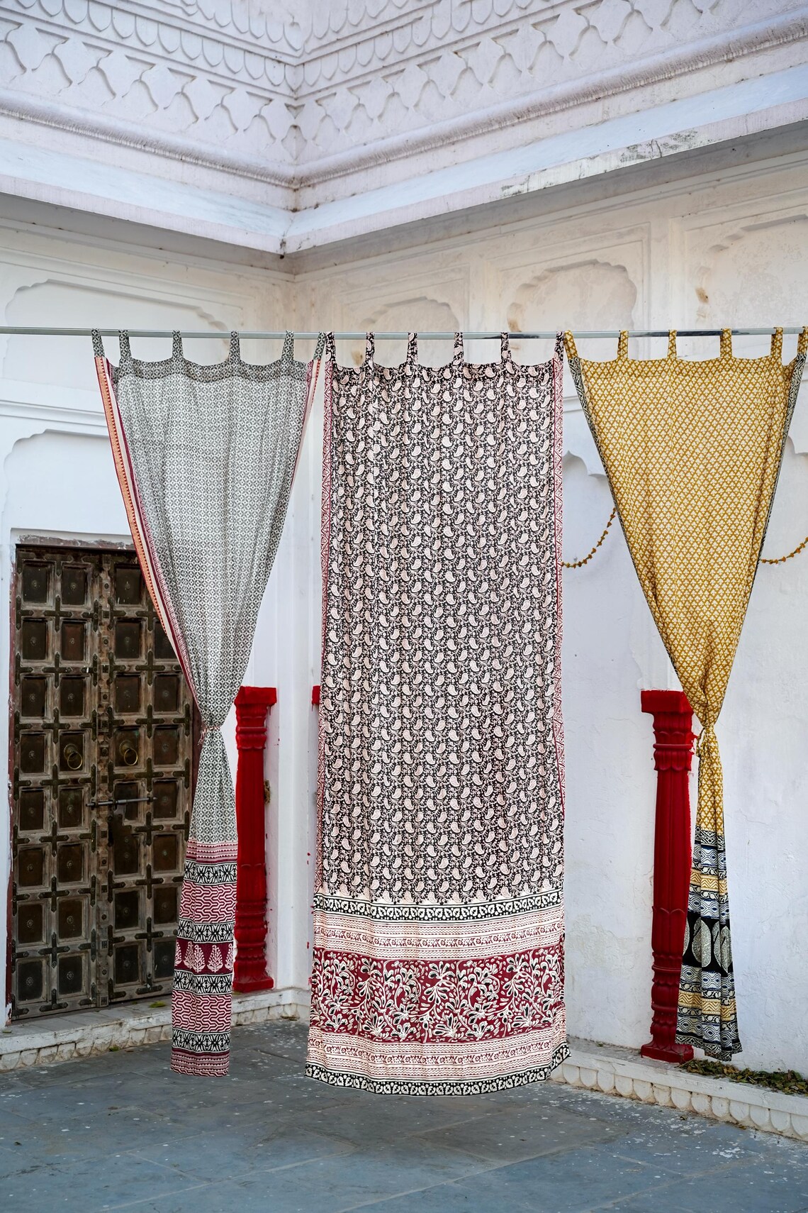 96" Block Print Rayon Curtains•boho Tab Top Drapes With Border • Light ...