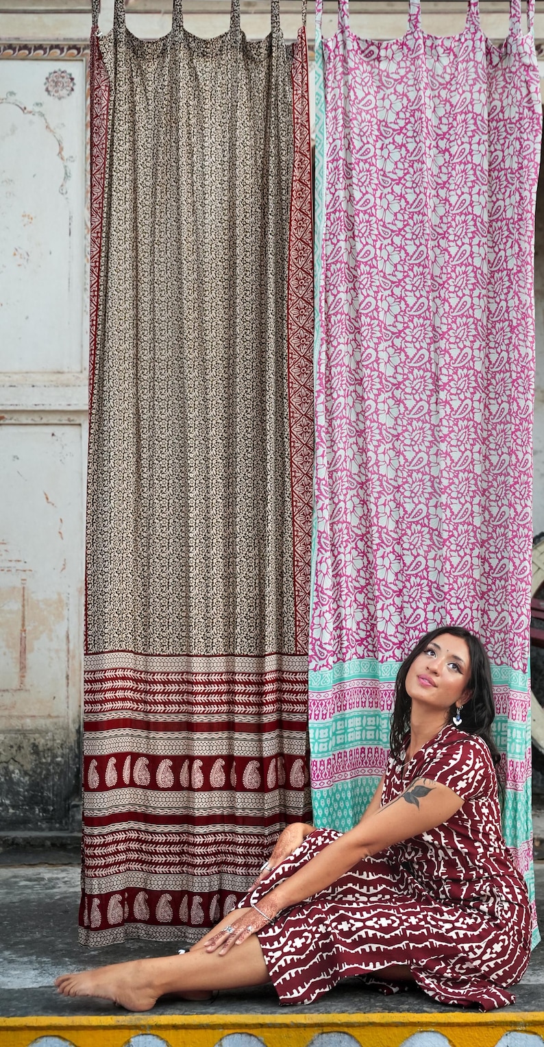 96" Block Print Rayon Curtains•boho Tab Top Drapes With Border • Light ...