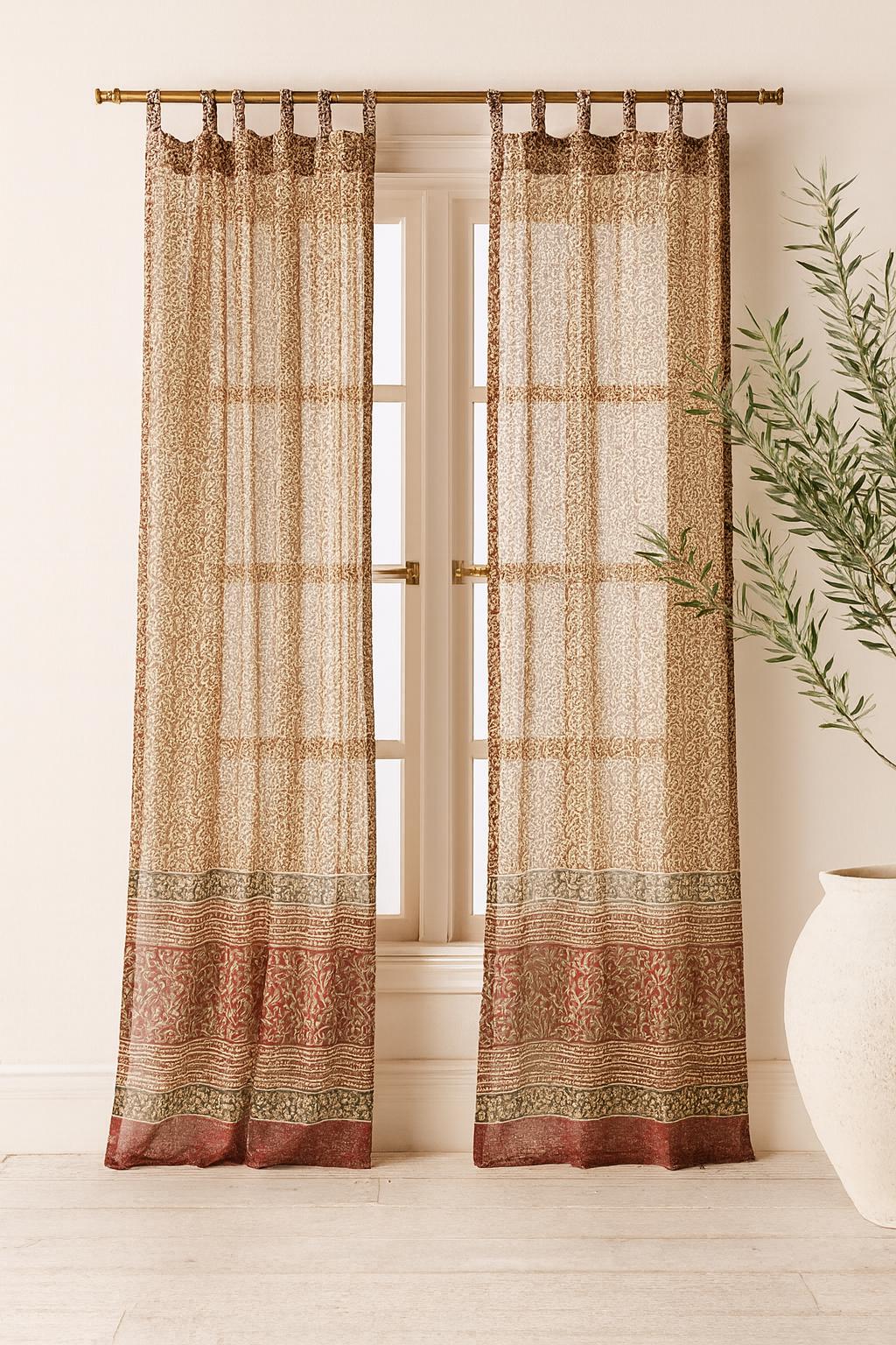 96" Block Print Rayon Curtains•boho Tab Top Drapes With Border • Light ...