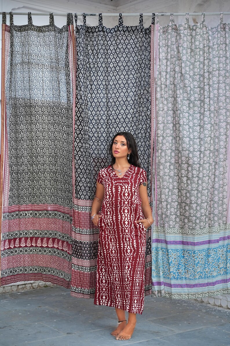 96" Block Print Rayon Curtains•boho Tab Top Drapes With Border • Light ...