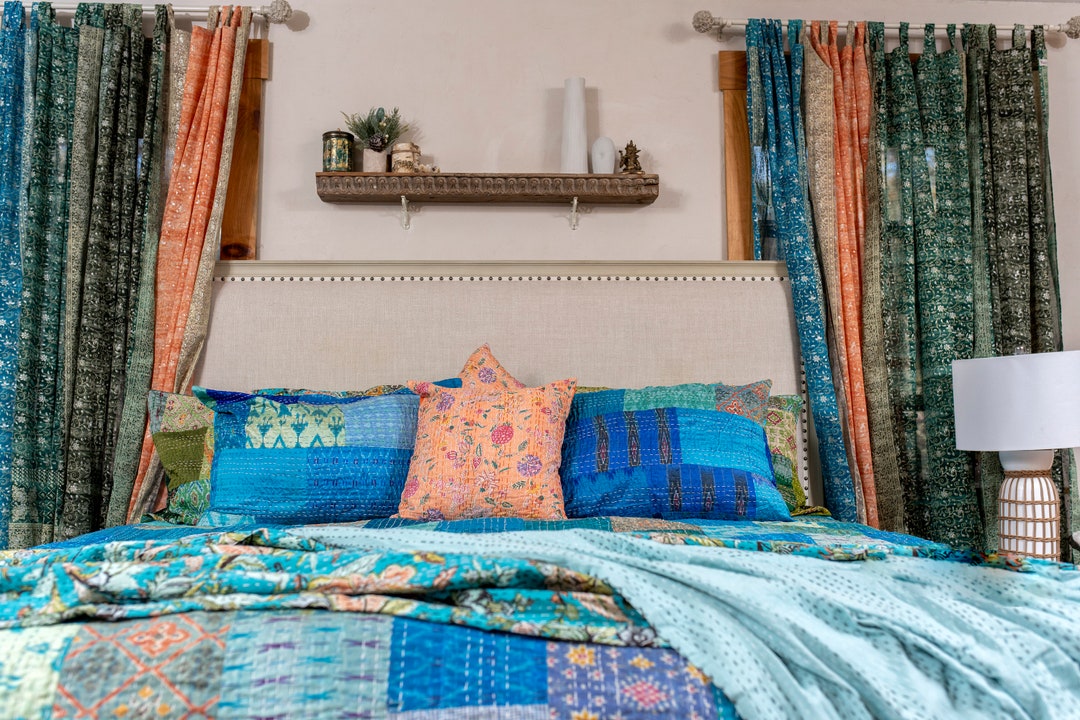 Bedspread Boho Vintage Silk and Cotton Kantha Original Bedding Home ...
