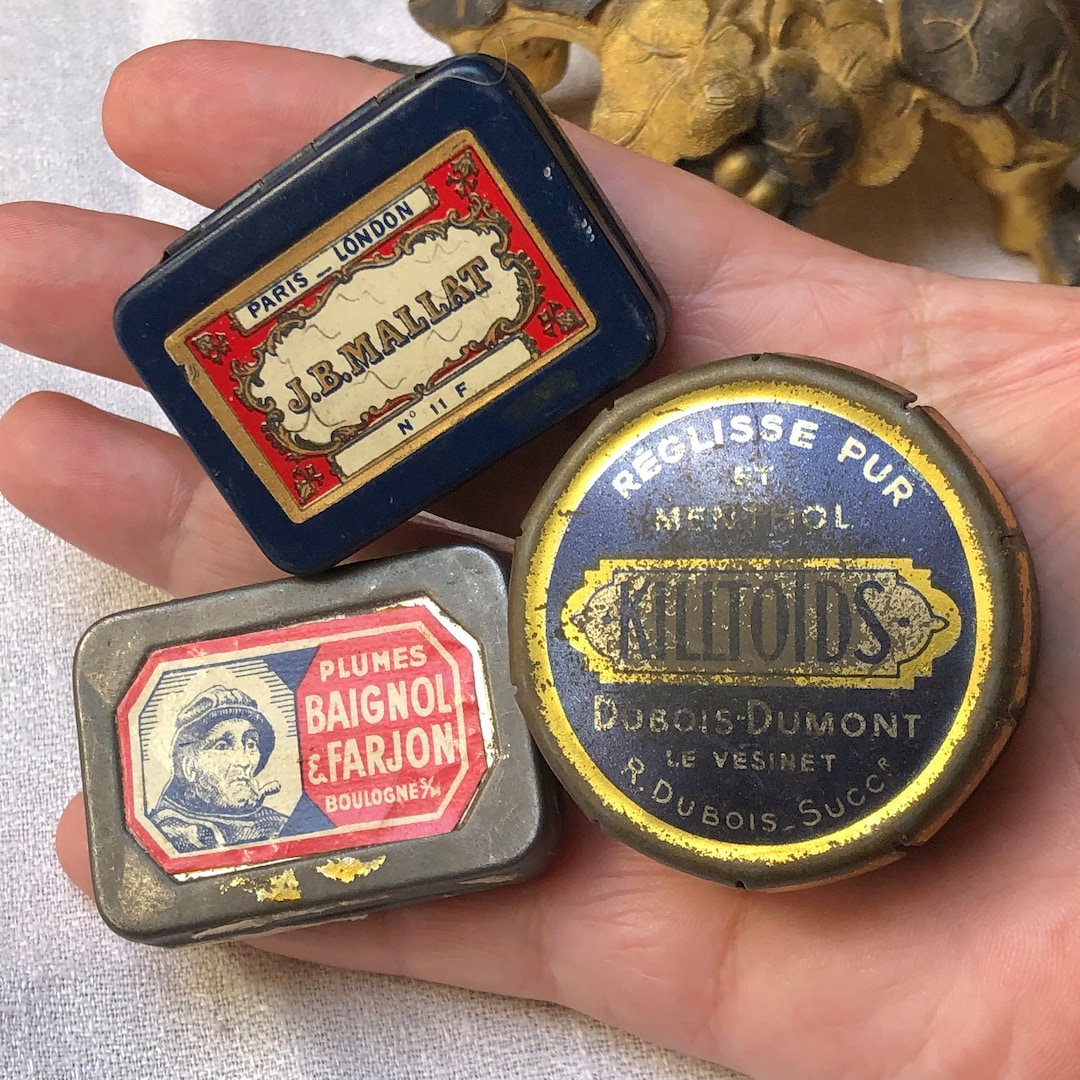 Collection of 3 Antique French Collectable Tiny Tins, Pharmacy Tin, Pen ...