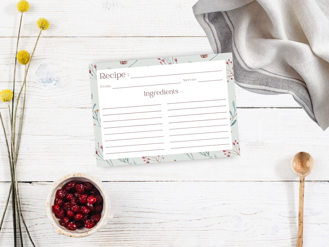 Recipe Card - Holly Leaves Berries Watercolor Recipe Card - 4 X 6 ...