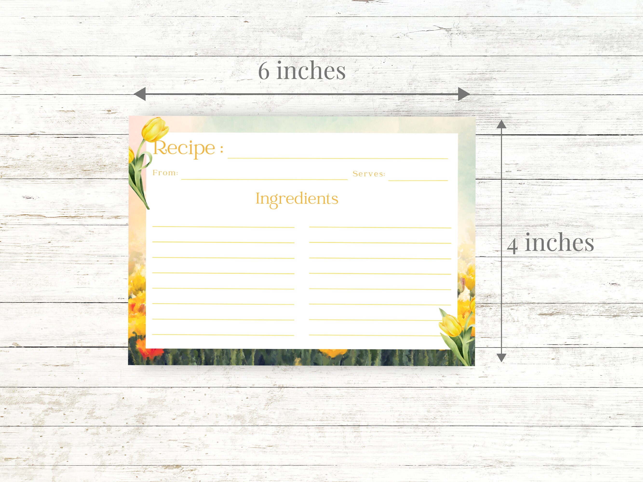Printable Recipe Card - Yellow Tulips Watercolor Recipe Card - Print at ...