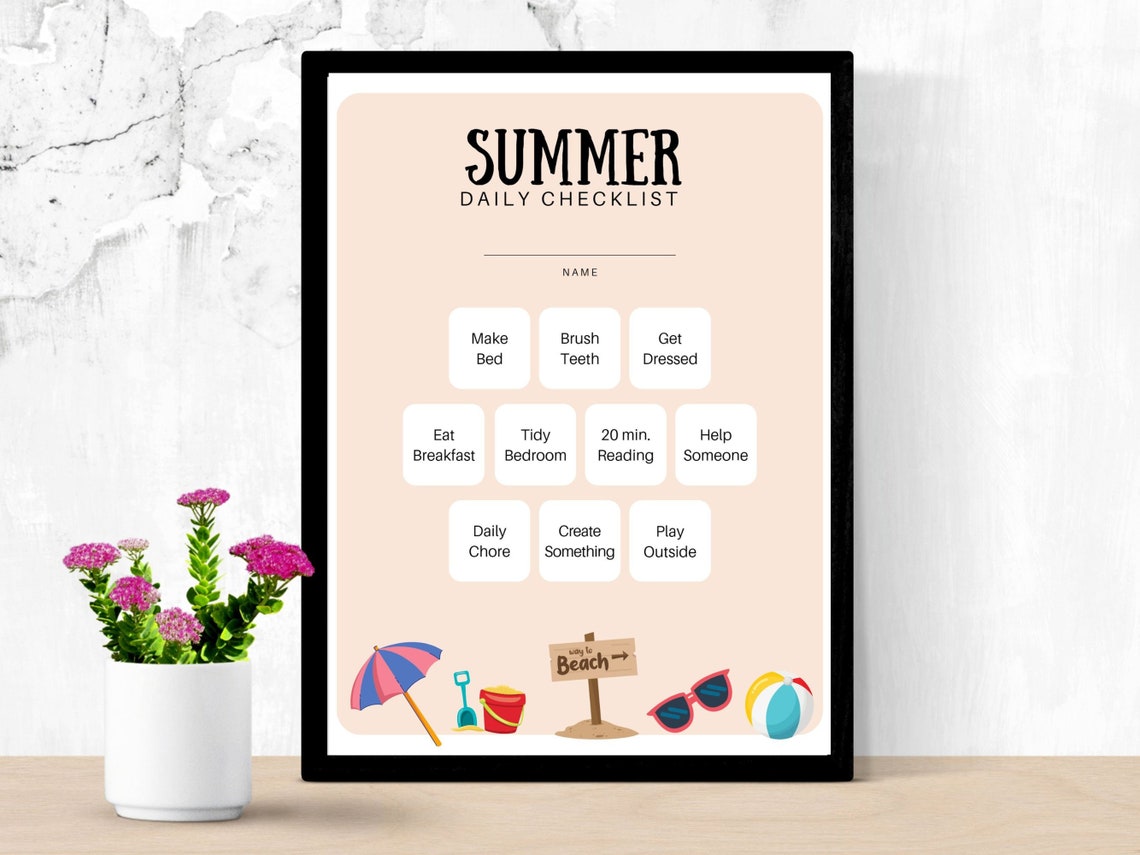 Kids Summer Daily Checklist Printable, Coral Beach Banner, Printable ...