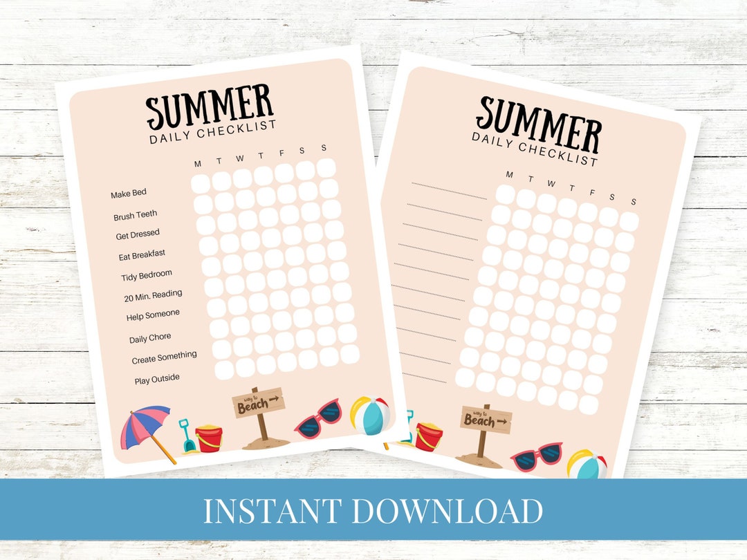 Kids Summer Daily Weekly Checklist Printable, Coral Beach Banner ...