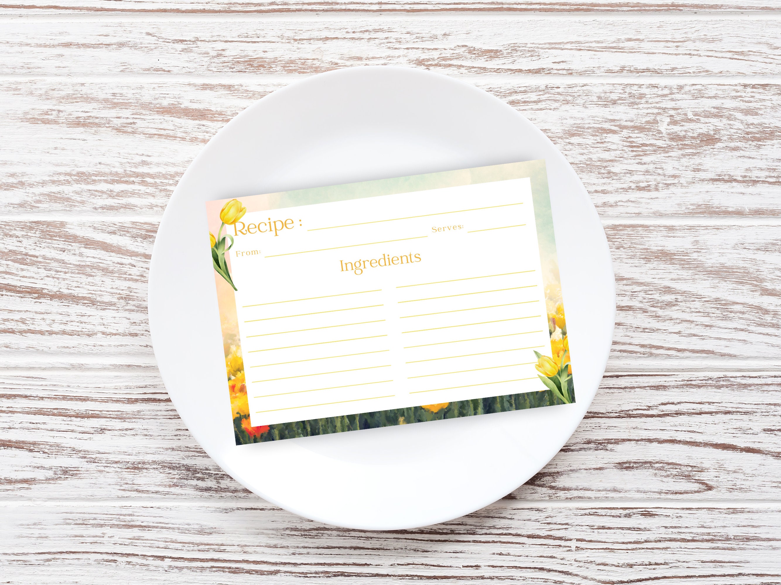 Printable Recipe Card - Yellow Tulips Watercolor Recipe Card - Print at ...