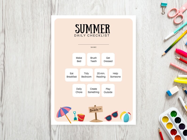 Kids Summer Daily Checklist Printable, Coral Beach Banner, Printable ...