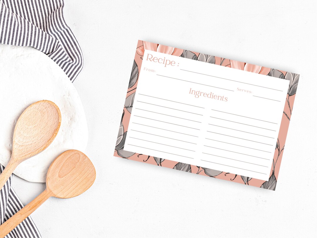 Recipe Card - Coral Green Leaves Watercolor Recipe Card - 4 X 6 Recipe ...