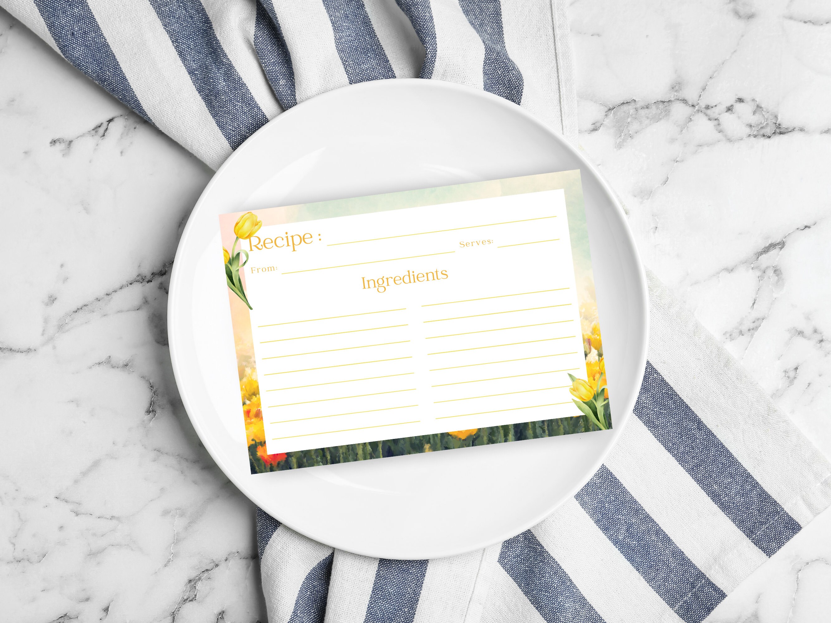 Printable Recipe Card - Yellow Tulips Watercolor Recipe Card - Print at ...