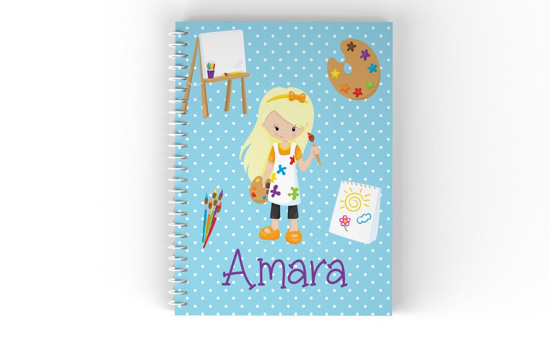 Personalized Notebook Little Artist Blue Polka Dot Paint Brushes Easel ...