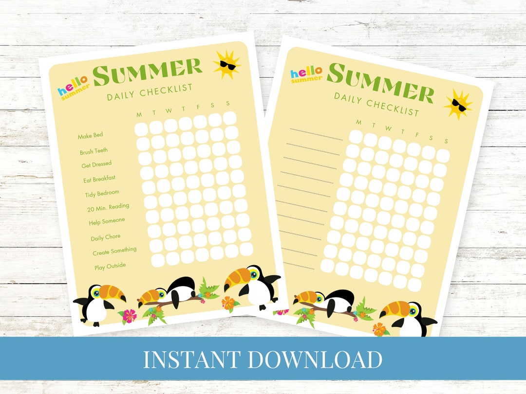 Kids Summer Daily Weekly Checklist Printable, Hello Summer Toucan ...