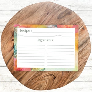 Printable Recipe Card - Orange Pink Floral Watercolor Recipe Card ...