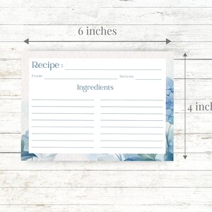 Printable Recipe Card - Blue Hydrangea Watercolor Recipe Card - Print ...